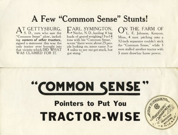 Common Sense Tractor Advertisement | Print | Wisconsin Historical Society