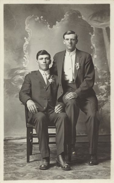 Studio Portrait of Two Men | Postcard | Wisconsin Historical Society