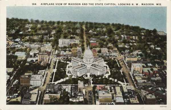 Airplane View of Madison and the State Capitol, Looking N.W. | Postcard ...